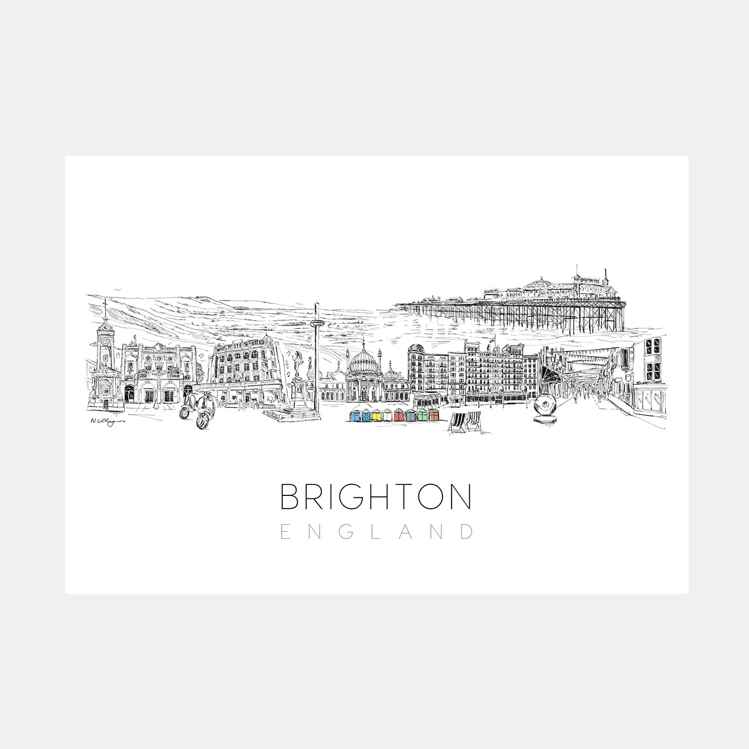 Brighton Art Print, Hand drawn giclee art print from Natalie Ryan